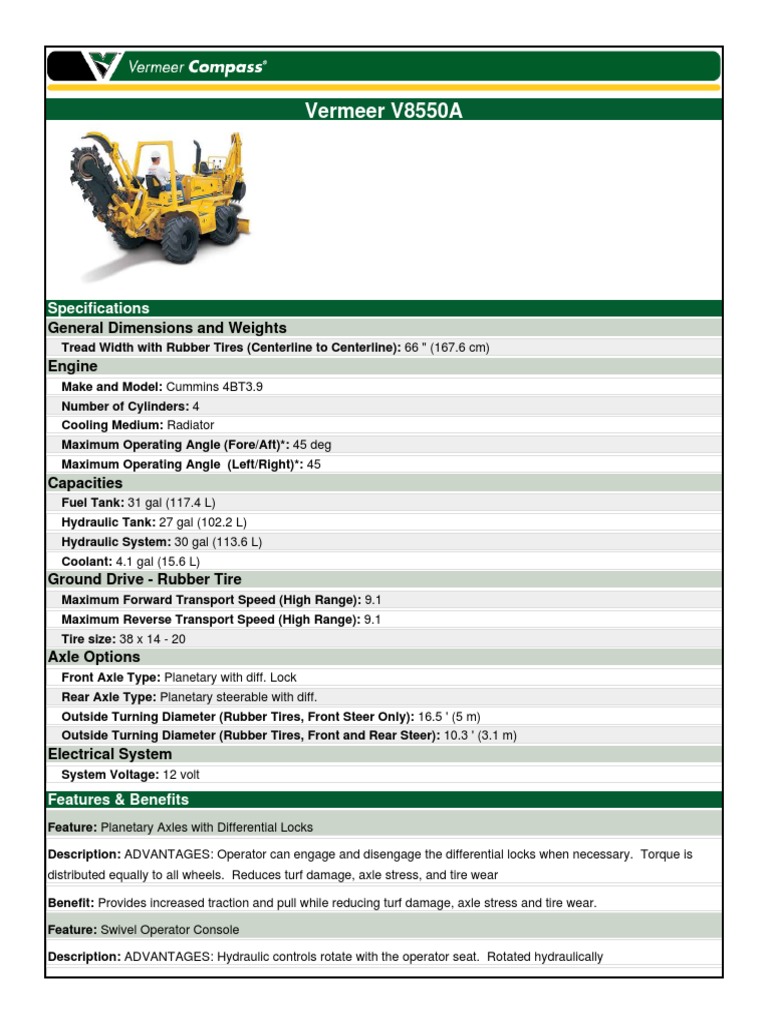 Vermeer V8550A: Specifications | Download Free PDF | Tire | Axle