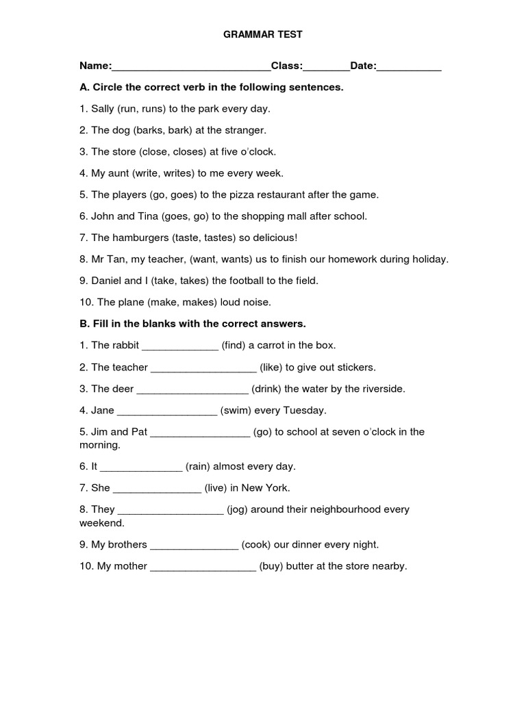 SVA Grammar Assessment Test | PDF