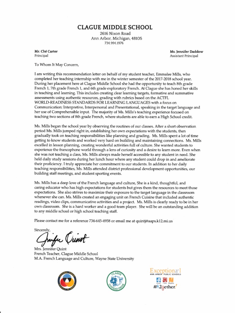 Letter of Recommendation-Jennifer Quint | PDF | Teachers | Learning