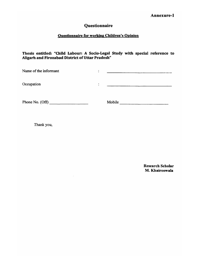 Questionnaire On Chil Labour | PDF | Child Labour | Employment
