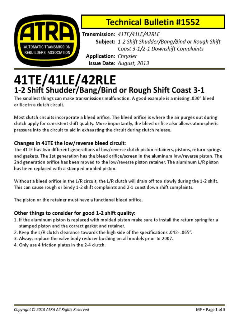 41TE/41LE/42RLE: Technical Bulletin #1552 | PDF | Clutch | Manual ...