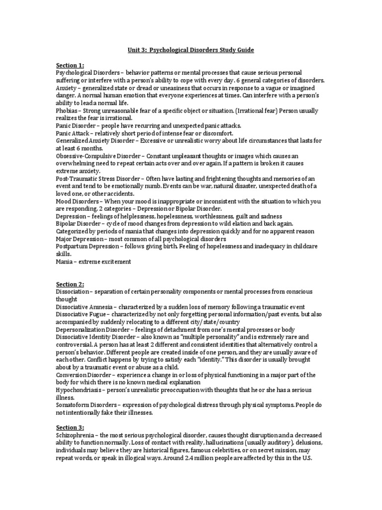 Unit 3: Psychological Disorders Study Guide Section 1 | Download Free ...
