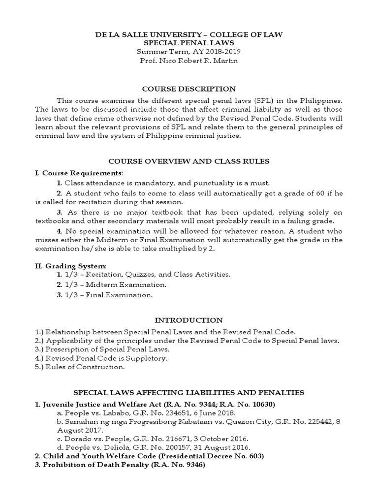 Spl Dlsu Syllabus 2019 Pdf Criminal Law Criminal Justice