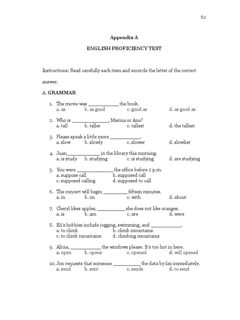 Appendix A. English Proficiency Test | PDF