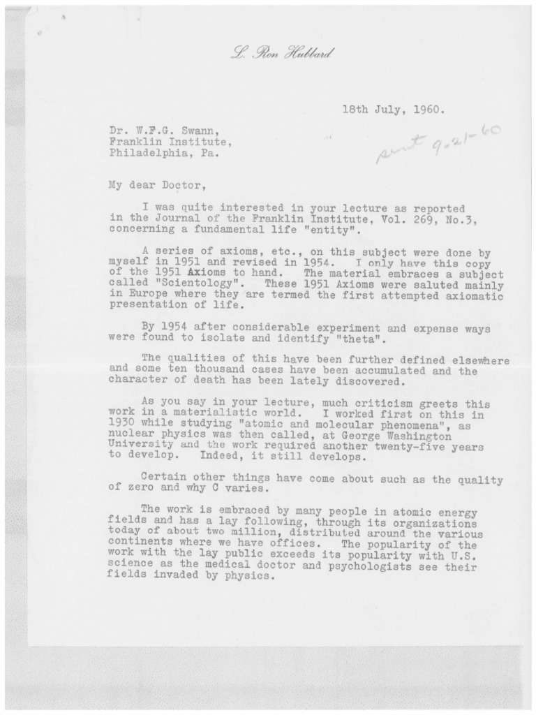Hubbard To Swann Letter | PDF | New Age | Secret Societies