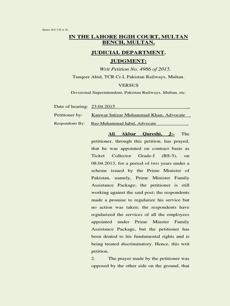 In The Lahore Hgih Court, Multan Bench, Multan. Judicial Department ...