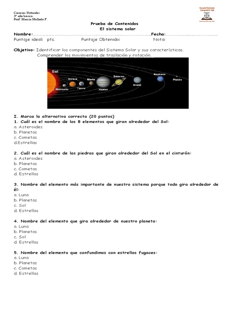 Prueba Del Sistema Solar Teachervision Evaluación Sistema Solar