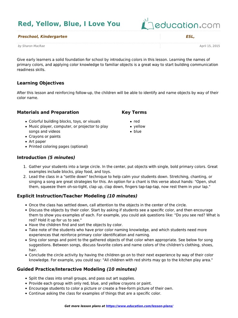 Preschool Color Lesson Plan | PDF | English As A Second Or Foreign ...