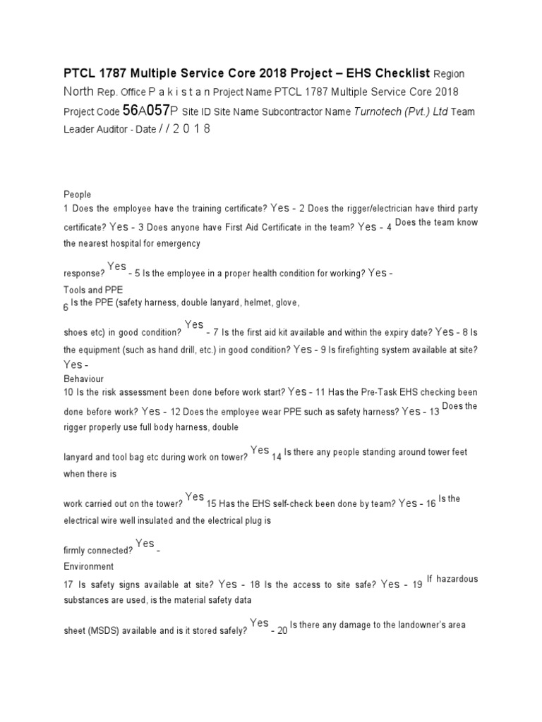 Ehs Checklist PTCL PDF | PDF | Prevention | Safety