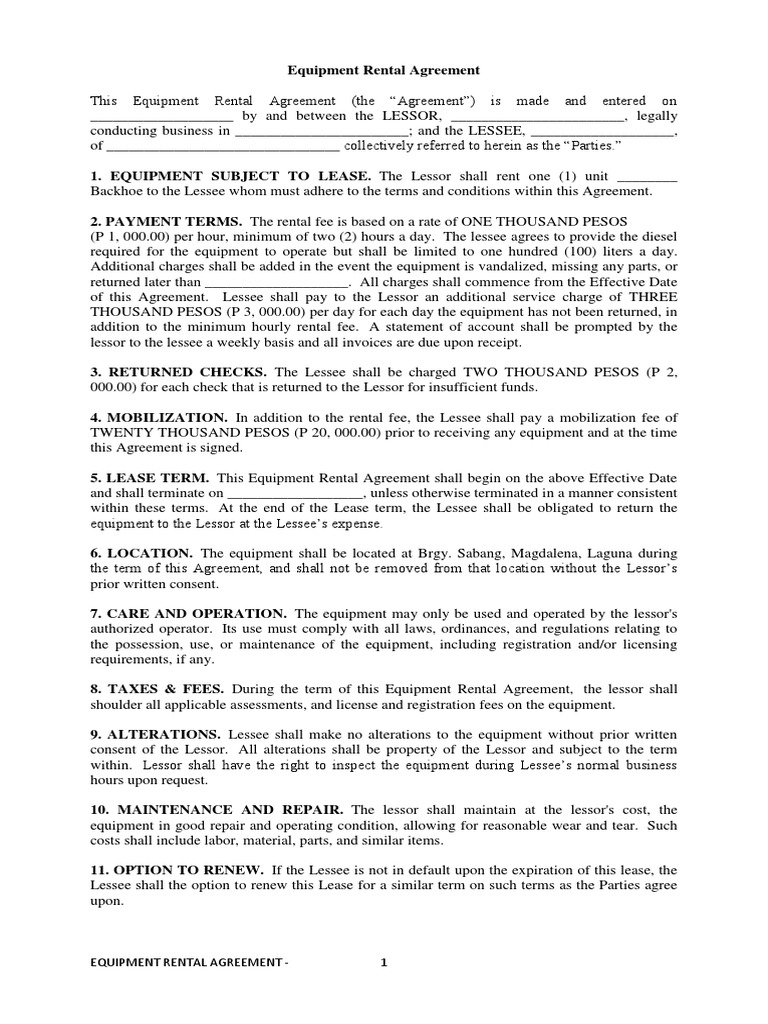 Heavy Equipment Rental Template | Lease | Damages