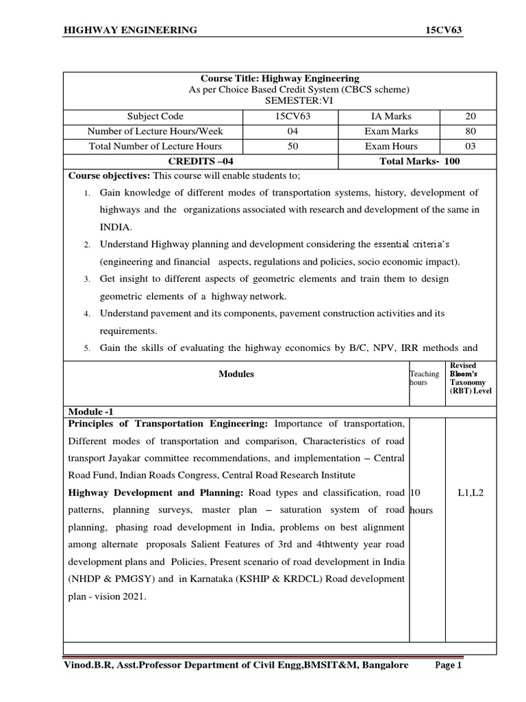 Highway Engineering Course Overview | PDF | Road | Transport