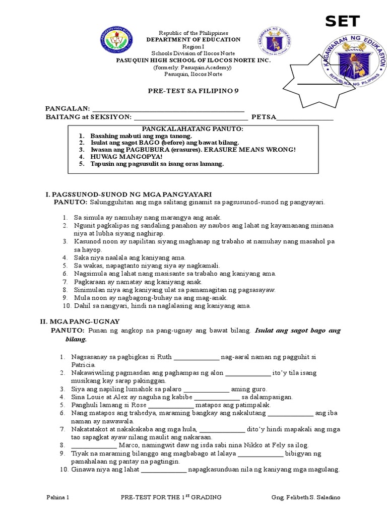 Pre-Test Grade 9 Set B | PDF
