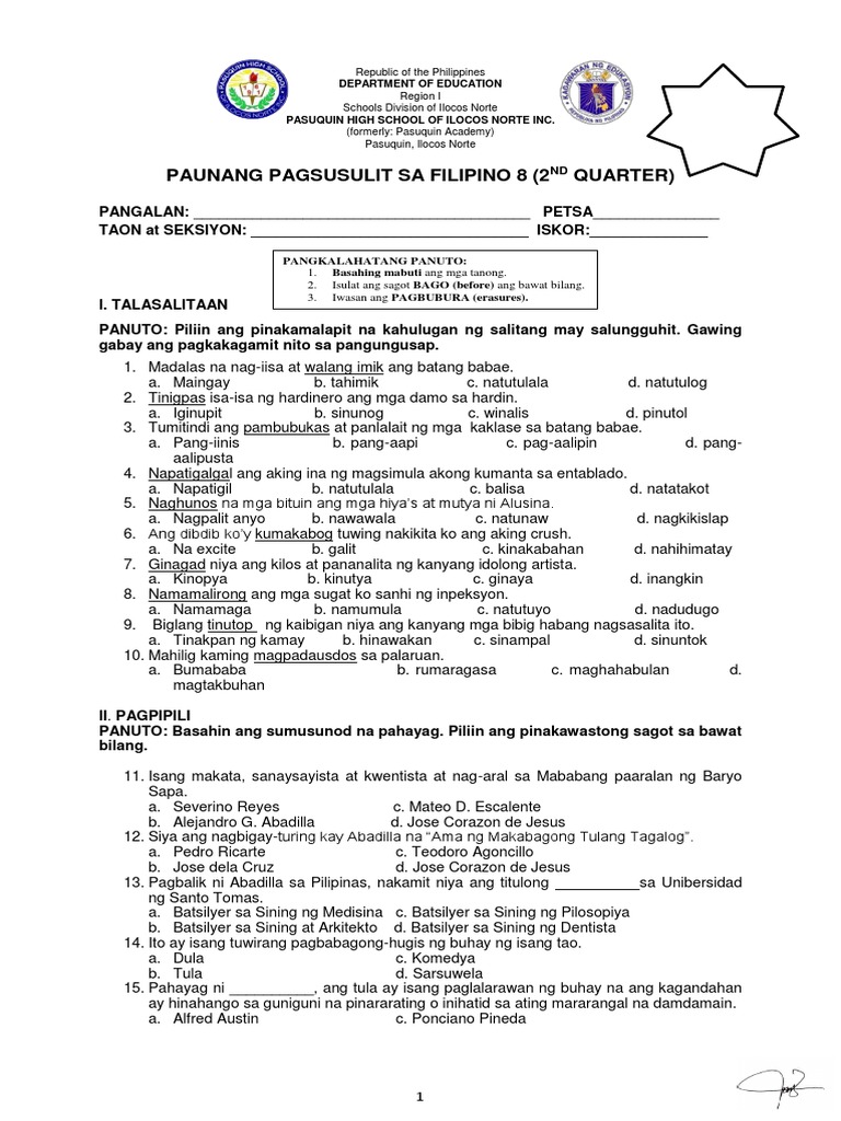 2nd Quarter Pagsusulit Sa Grade 8 (2nd Grading) | PDF
