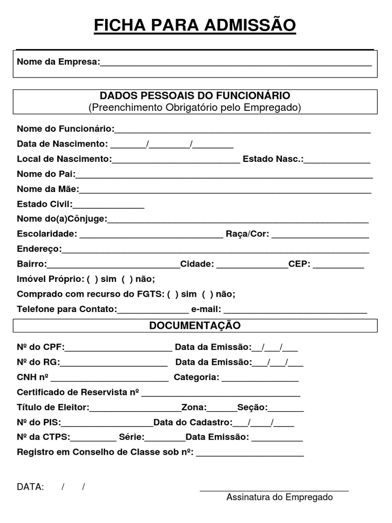 Ficha De Admissao De Funcionarios 1 Pdf Documentos Oficiais Brasil