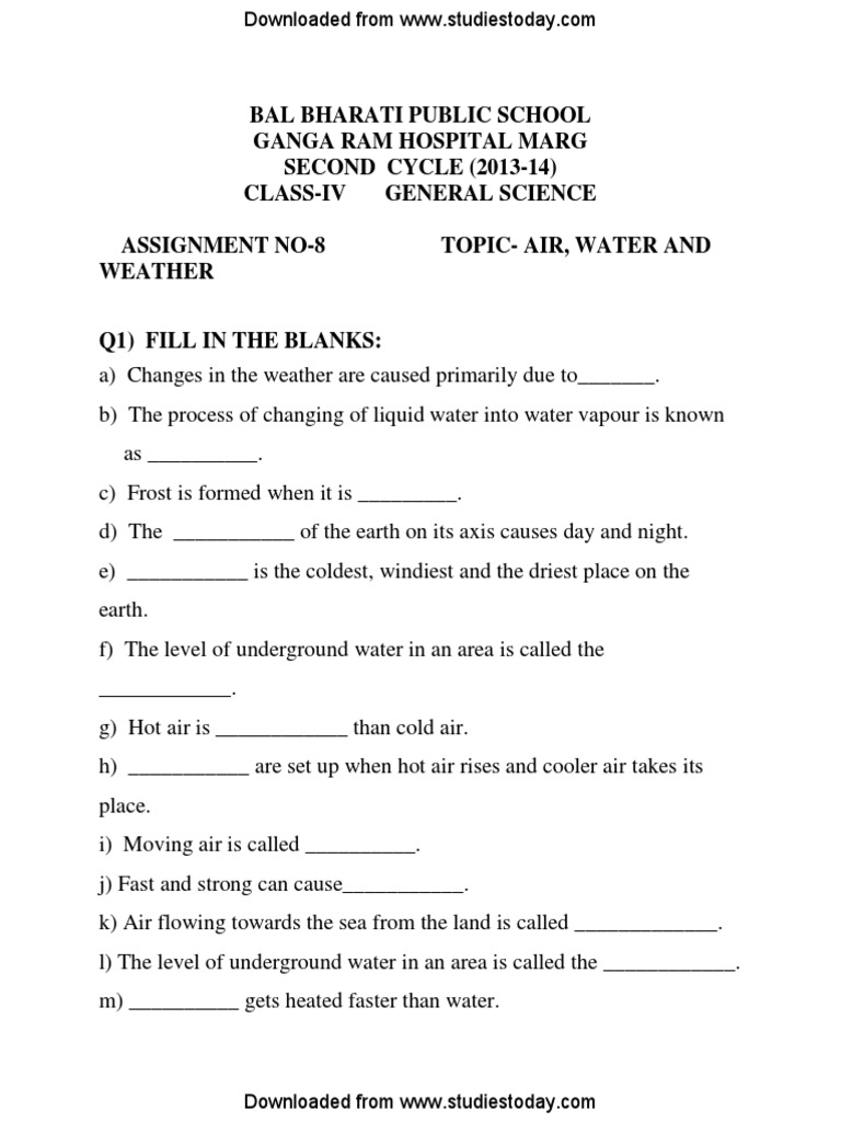 Class 4 Science: Air, Water, Weather Worksheet | PDF | Law | Science ...