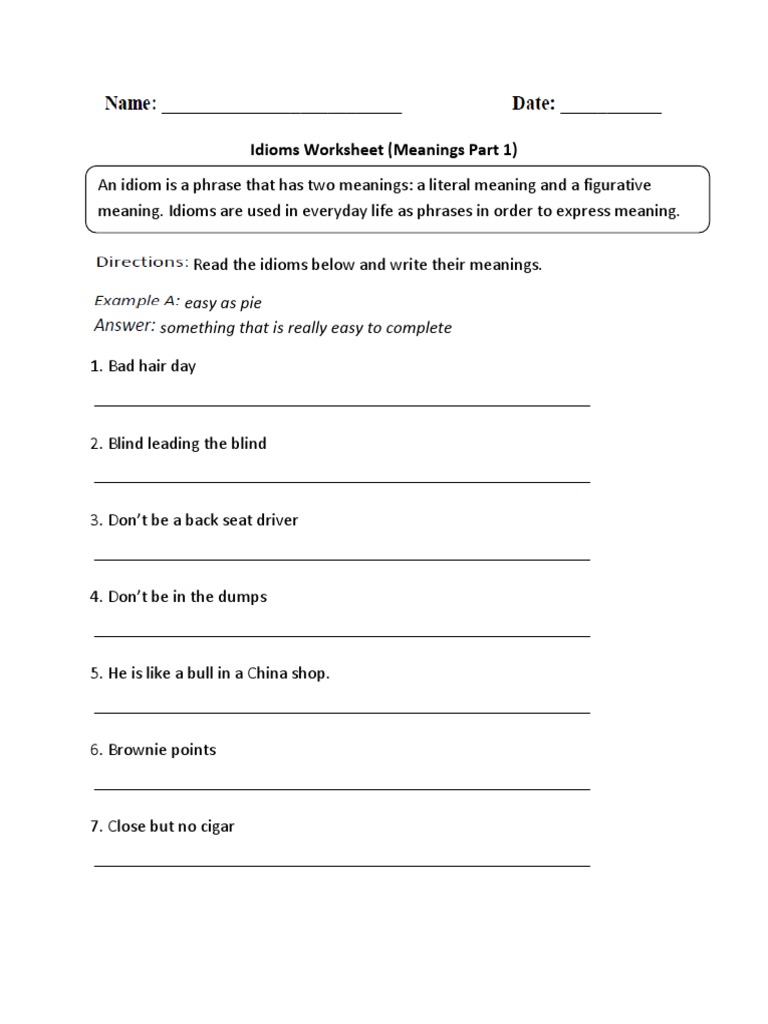 Idioms Worksheet (Meanings Part 1) : Easy As Pie Something That Is ...