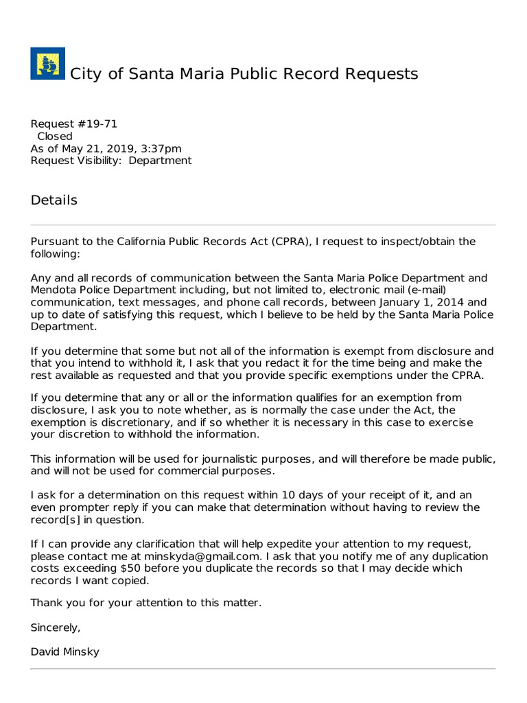 Public Records Request Response From Santa Maria PD On | PDF ...