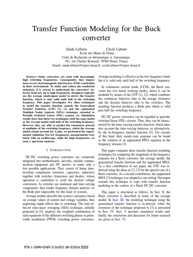 Transfer Function Modeling For The Buck Converter: Sanda Lefteriu ...