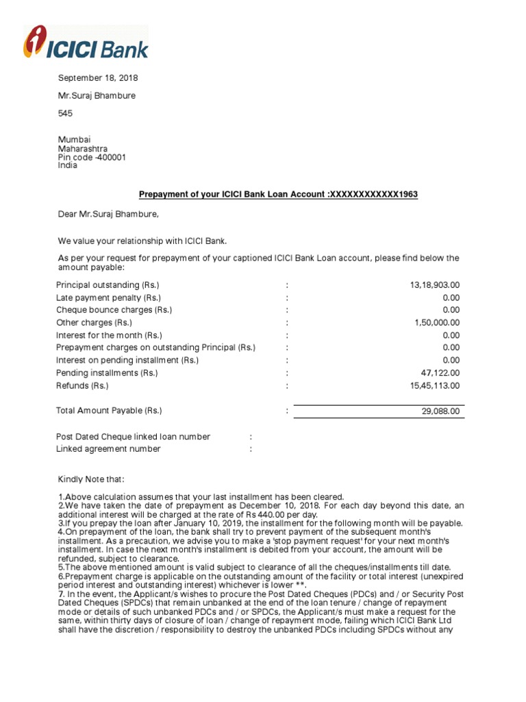 Prepayment of Your ICICI Bank Loan Account:XXXXXXXXXXXX1963 | PDF ...
