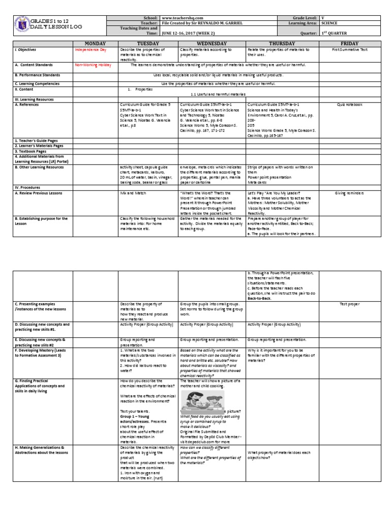 Grade 5 DLL Science 5 q1 Week 2a | PDF | Reactivity (Chemistry ...