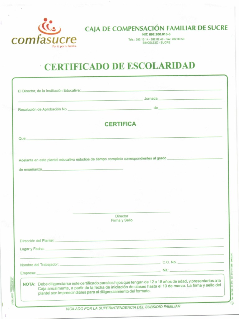 Certificado de Escolaridad Comfasucre | PDF