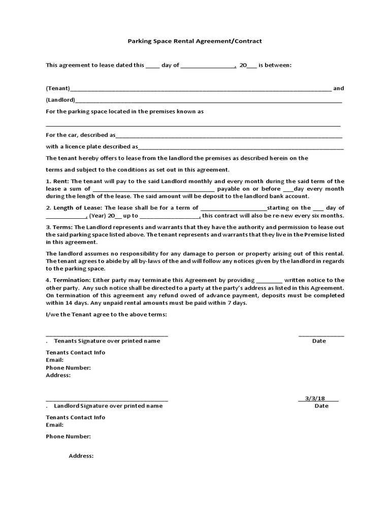Parking Space Rental Agreement | PDF | Landlord | Lease