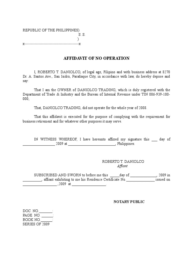 BIR - Affidavit of No Operation | PDF | Affidavit | Comparative Law