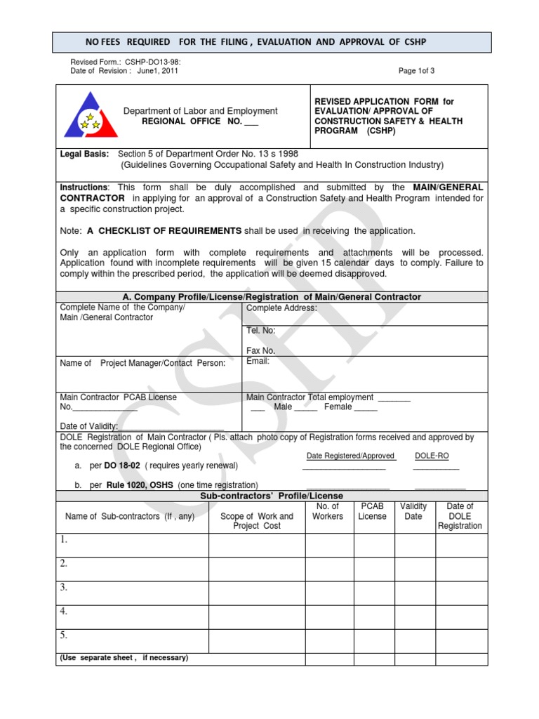 CSHP Application Form (Comprehensive) | PDF | General Contractor | Occupational Safety And Health