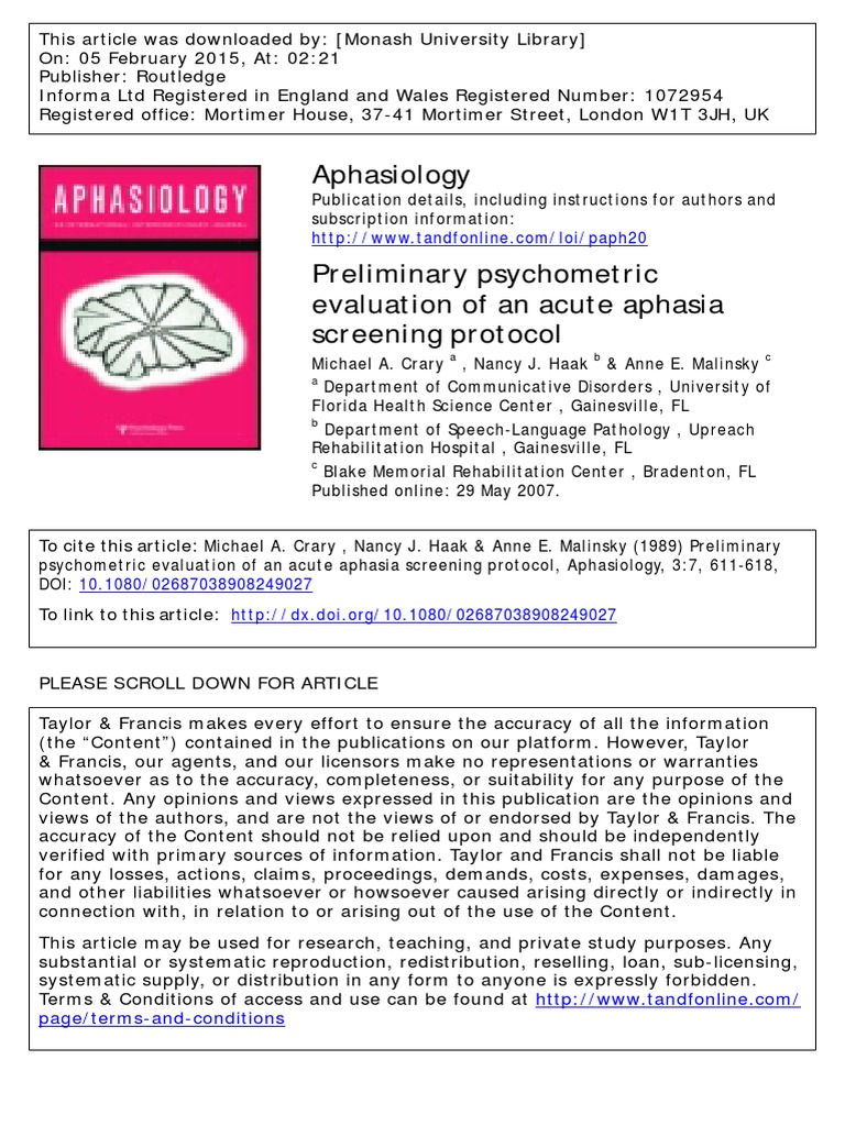 Acute Aphasia Screening Protocol (AASP) | PDF | Aphasia | Psychometrics