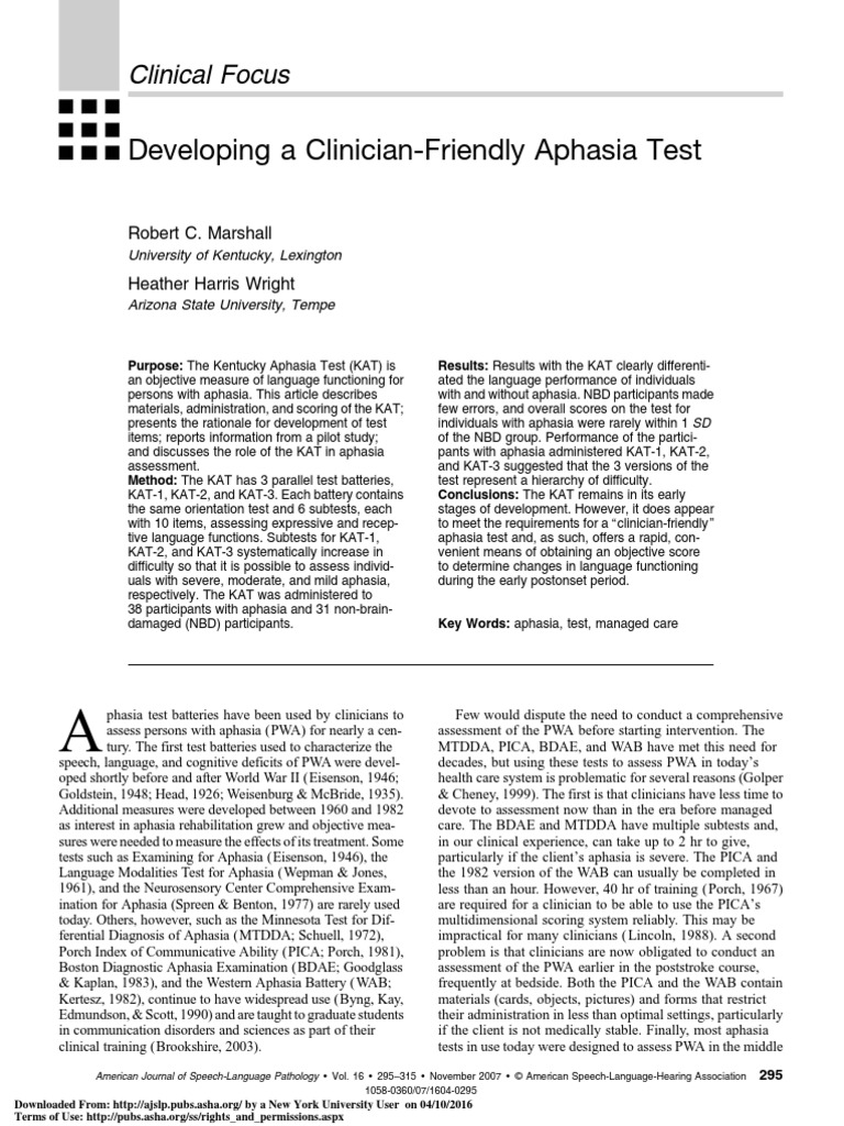 Developing A Clinician-Friendly Aphasia Test: Clinical Focus | PDF ...