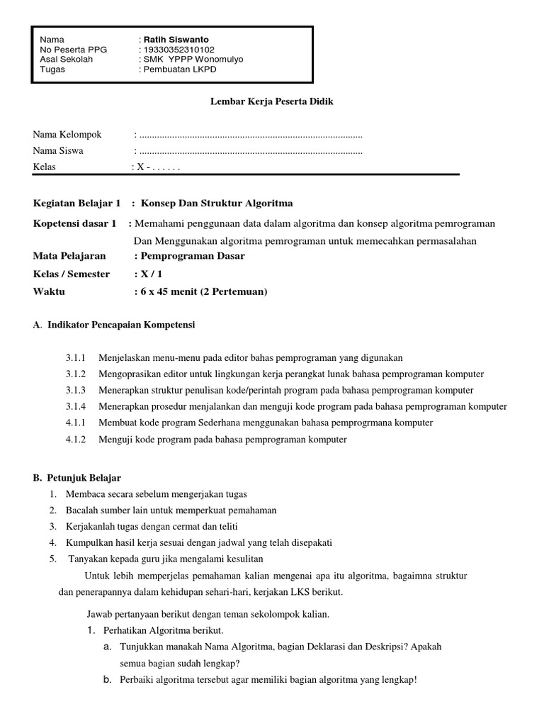Lembar Kerja Algoritma Pemrograman Siswa | PDF