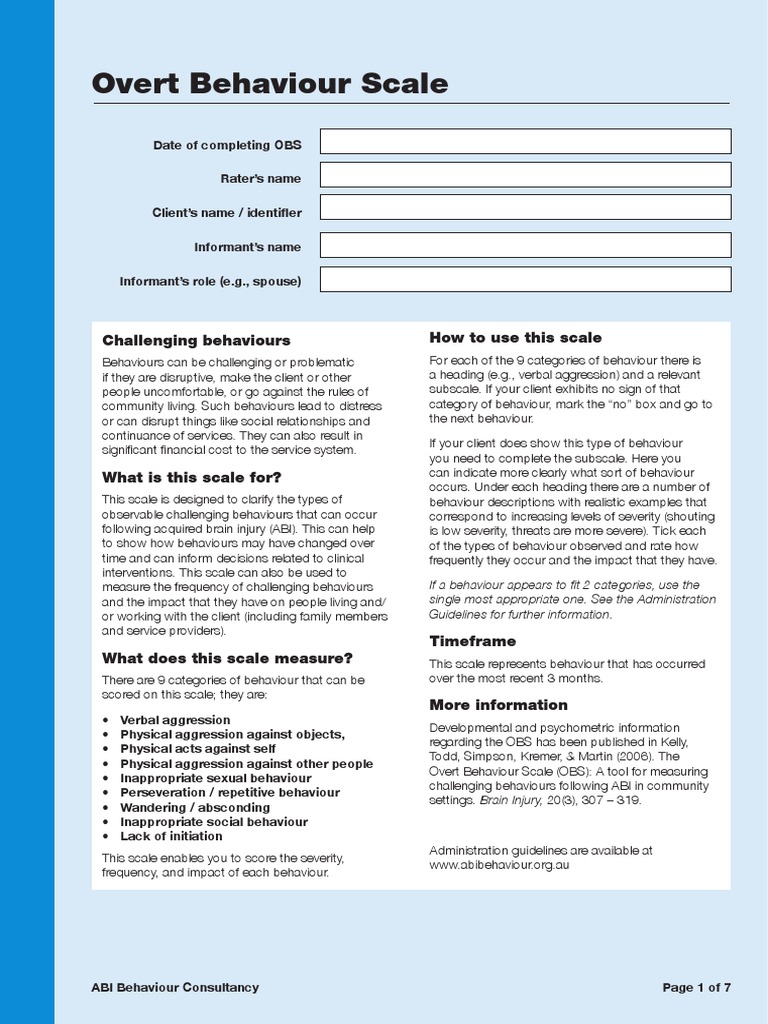 Overt Behaviour Scale for ABI Challenges | PDF | Aggression | Behavior