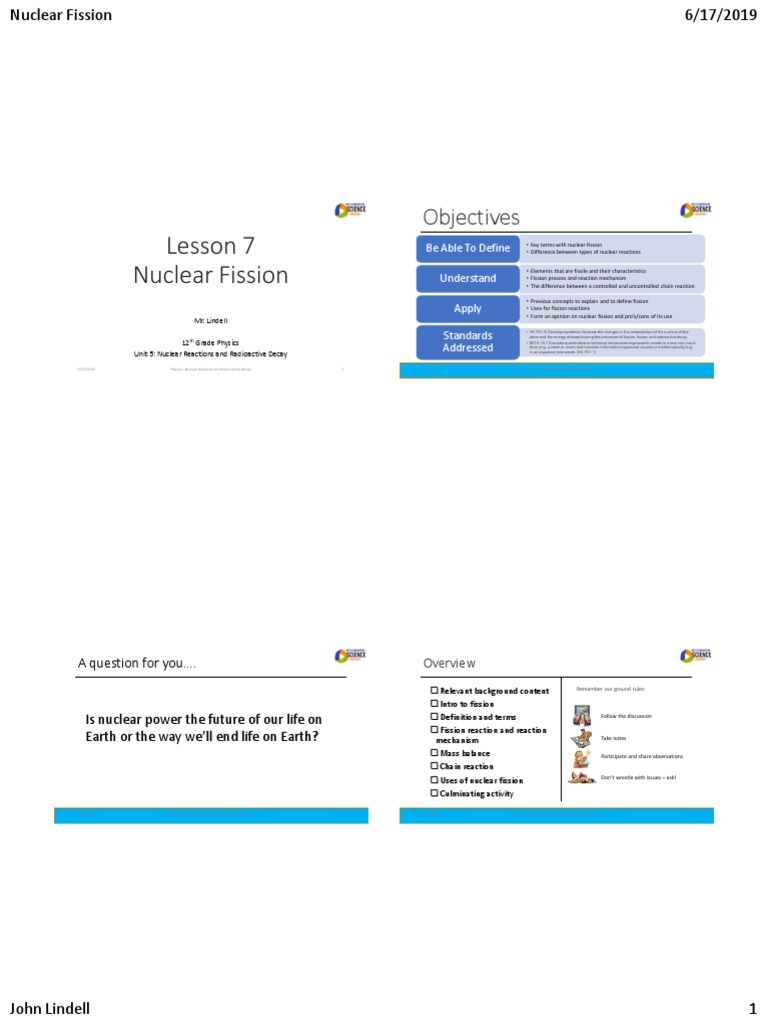 Lesson 7 Nuclear Fission: Objectives | PDF | Nuclear Fission | Nuclear ...