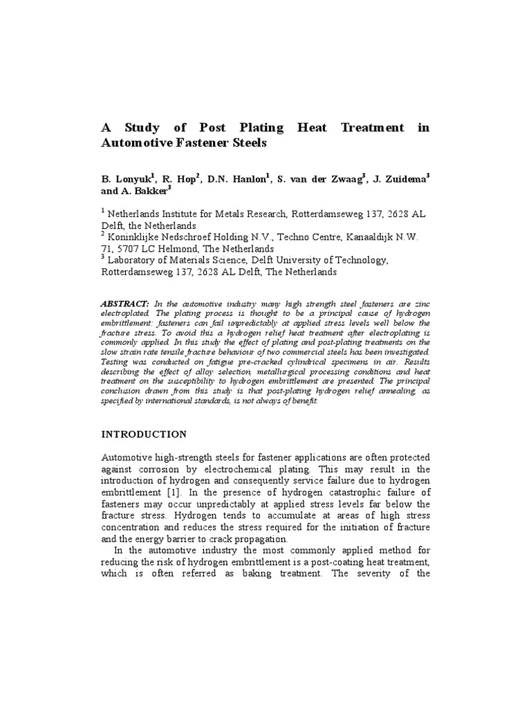 A Study of Post Plating Heat Treatment in Automotive Fastener Steels ...