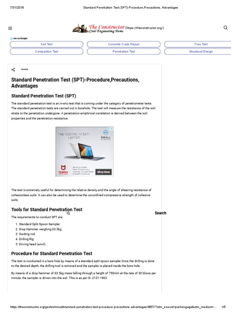 Standard Penetration Test (SPT) - Procedure, Precautions, Advantages ...
