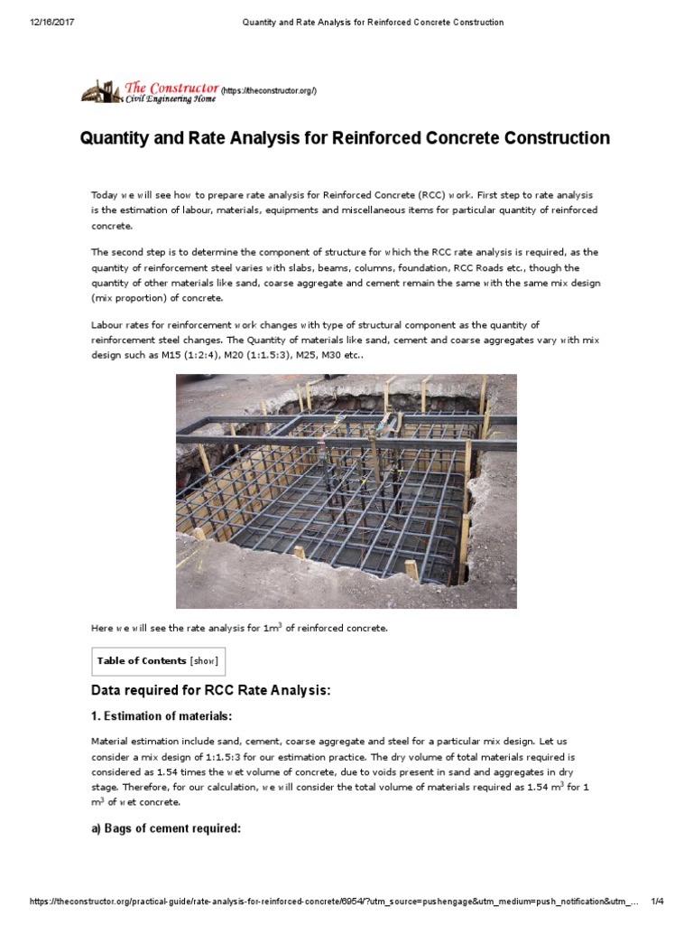 Quantity and Rate Analysis For Reinforced Concrete Construction | PDF ...