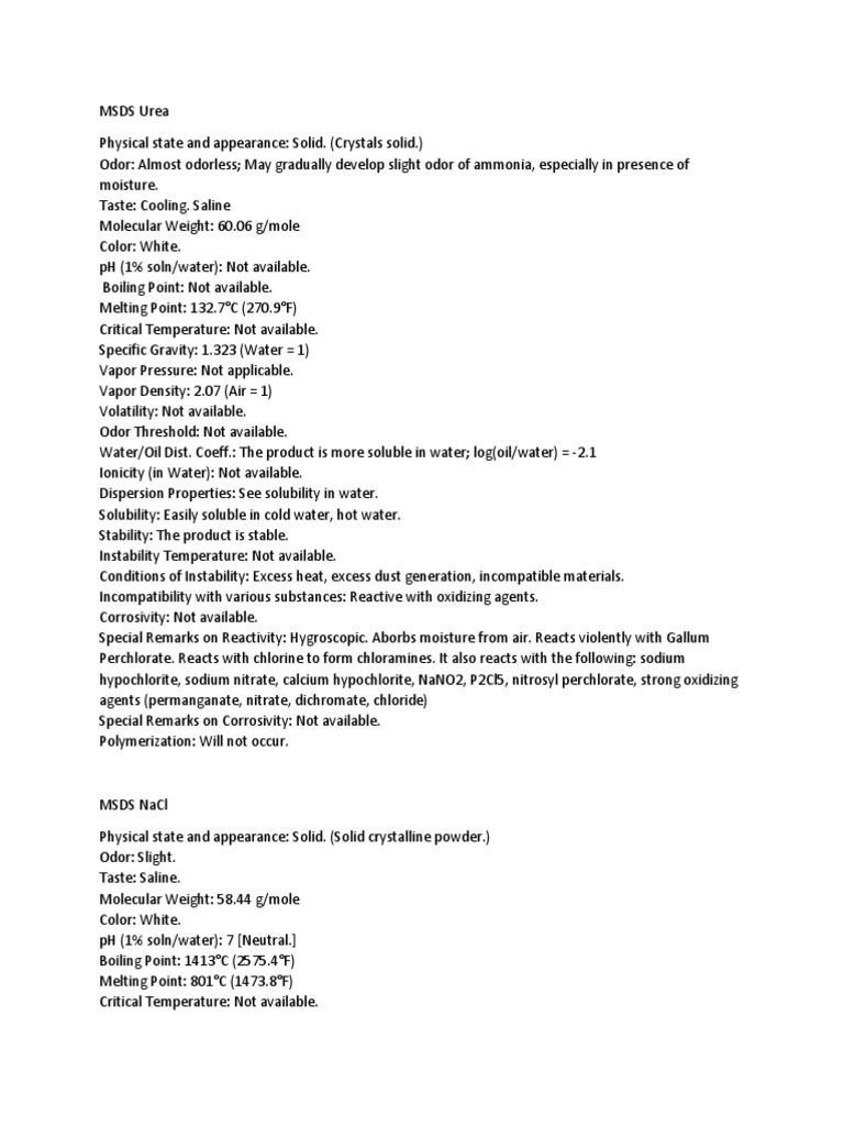 MSDS Urea Dan Nacl | PDF | Cooking, Food & Wine | Science & Mathematics