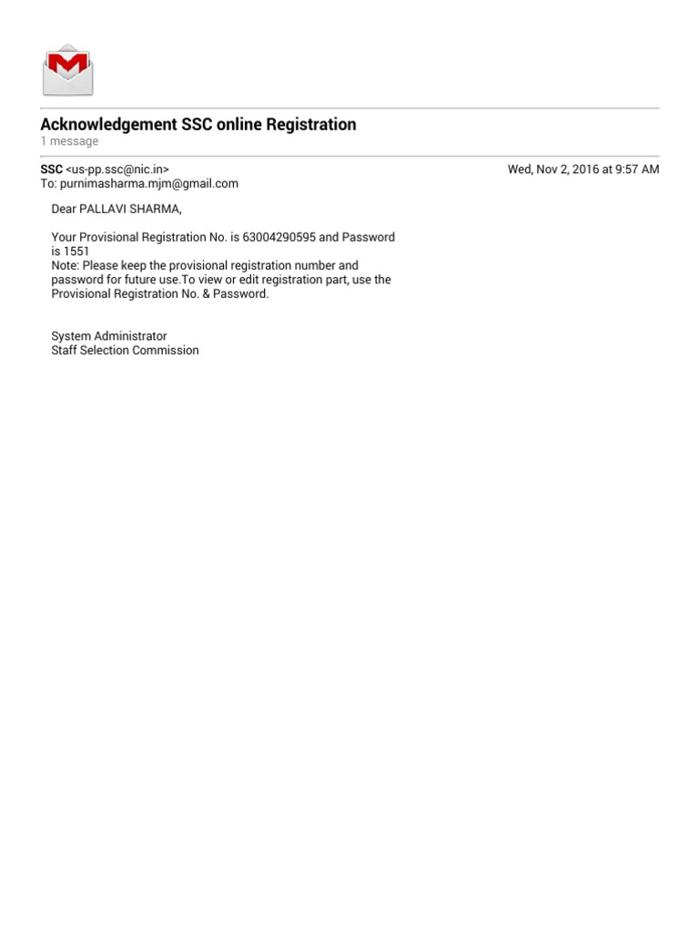 Gmail - Acknowledgement SSC Online Registration PDF | PDF