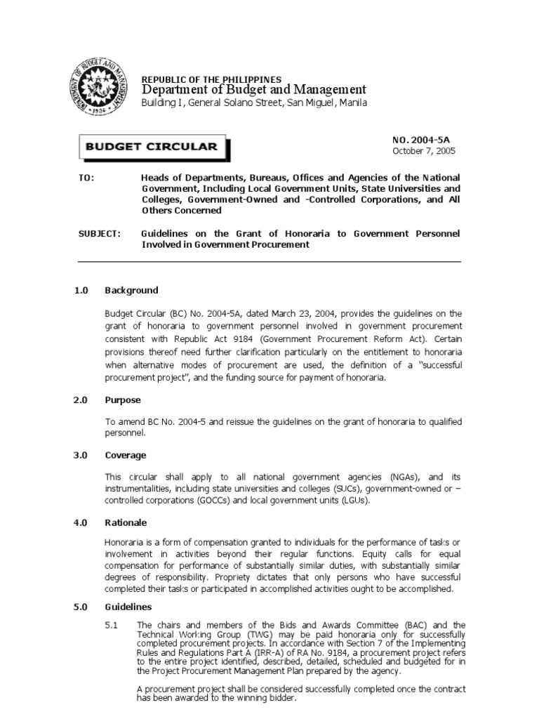DBM Guidelines Honoraria Government Procurement Personnel | PDF | Overtime | Working Time