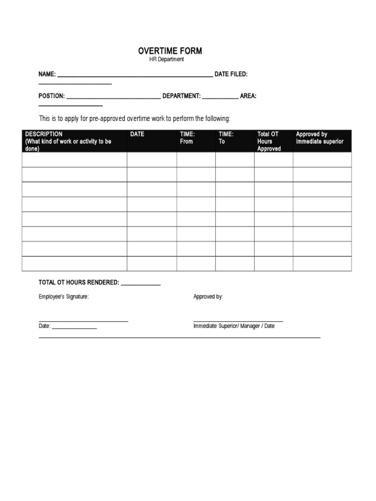 Overtime Form: This Is To Apply For Pre-Approved Overtime Work To ...