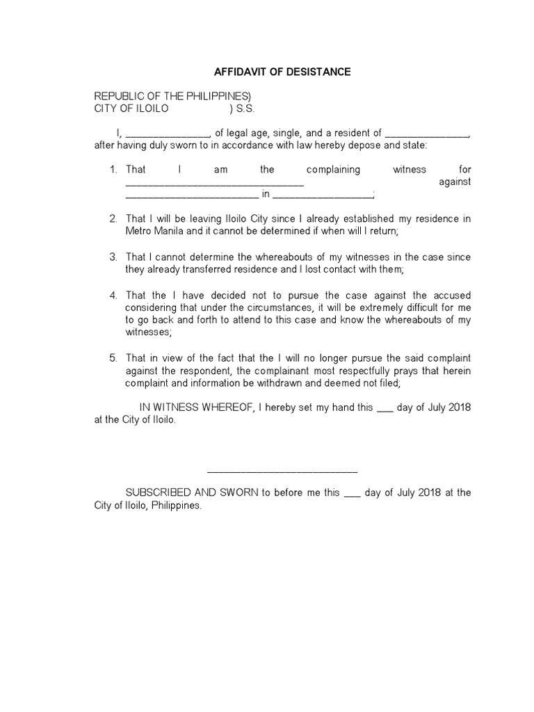 Affidavit of Desistance - Sample | PDF