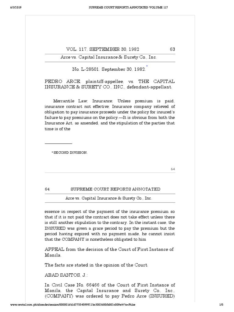 VOL. 117, SEPTEMBER 30, 1982 63 Arce vs. Capital Insurance & Surety Co ...
