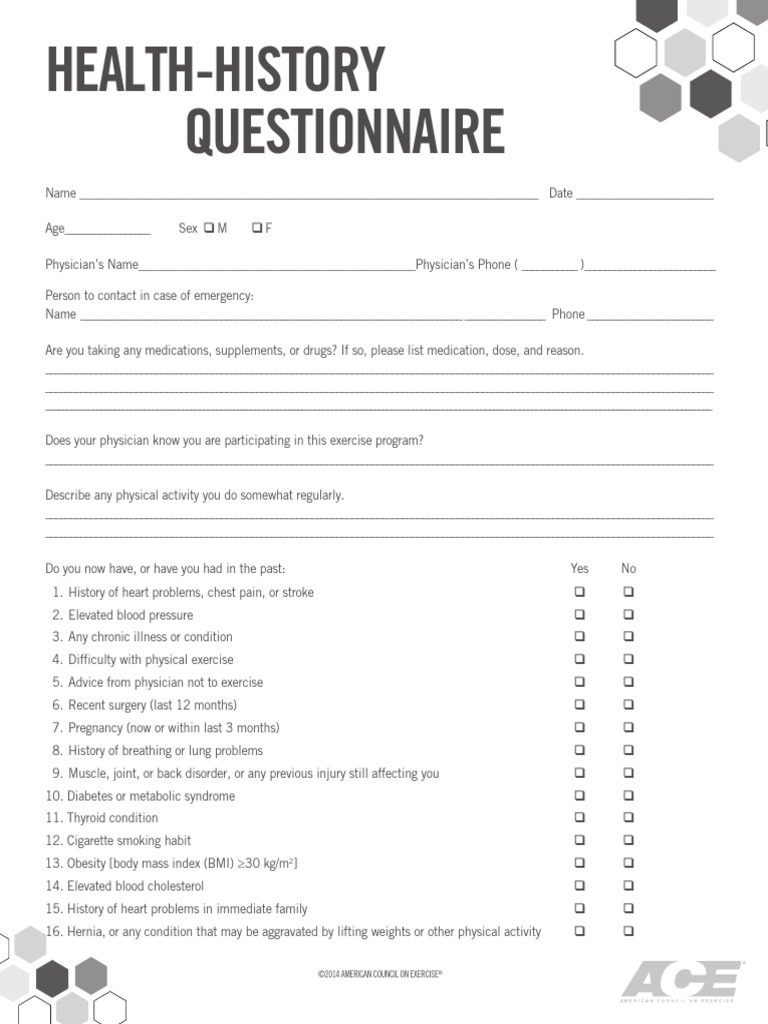 Health-History Questionnaire: ©2014 American Council On Exercise | PDF ...
