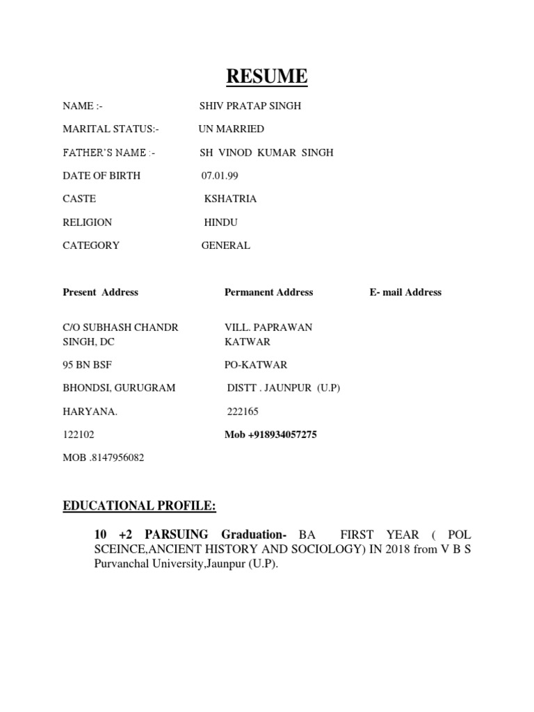 Resume: Present Address Permanent Address E-Mail Address | PDF | Self ...