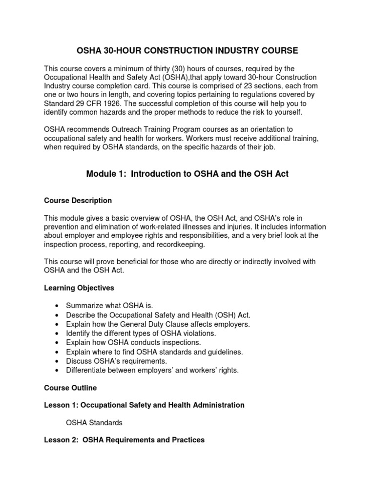 OSHA 30 HR Construction Outline - 2009-1 | PDF | Occupational Safety ...