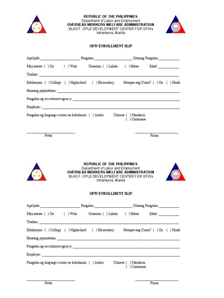 OFW Enrollment Slip (Application Form) | PDF | Southeast Asia | Economy ...