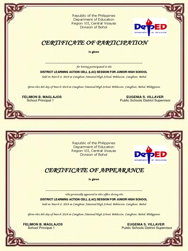 Catigbian National High School LAC session certificate | PDF | School ...