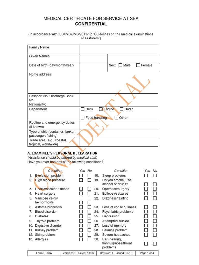 Medical Certificate For Service at Sea: Confidential | PDF | Physical ...