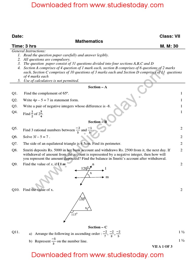 CBSE Class 7 Mathematics Question Paper Set G | PDF | Elementary ...