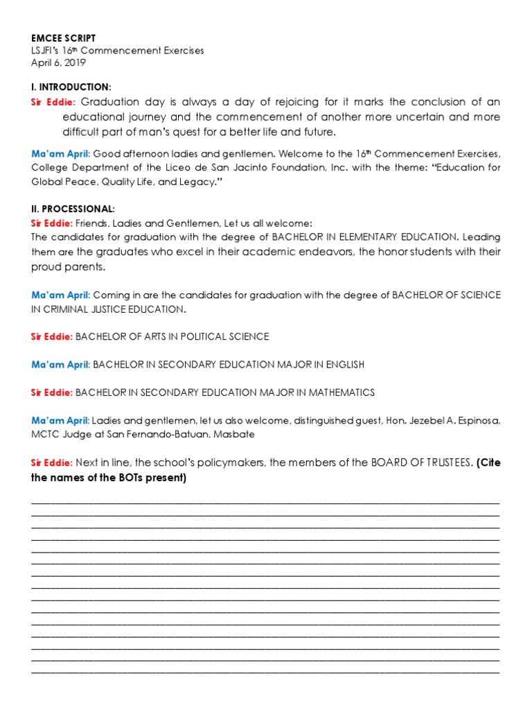 College Emcee Script | PDF | Bachelor Of Arts | Academic Degree